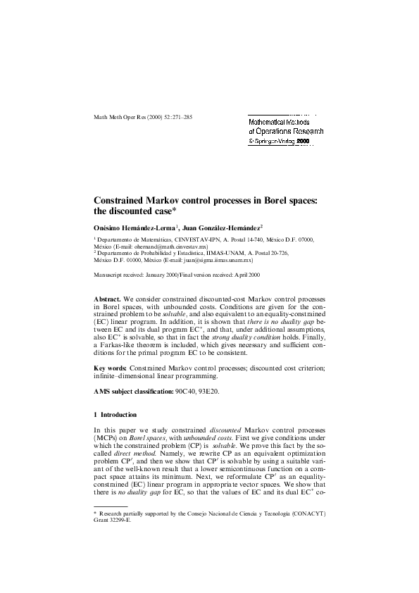 Pdf Constrained Markov Control Processes In Borel Spaces The