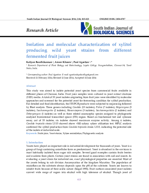 (PDF) Isolation and molecular characterization of xylitol producing wild yeast strains from ...