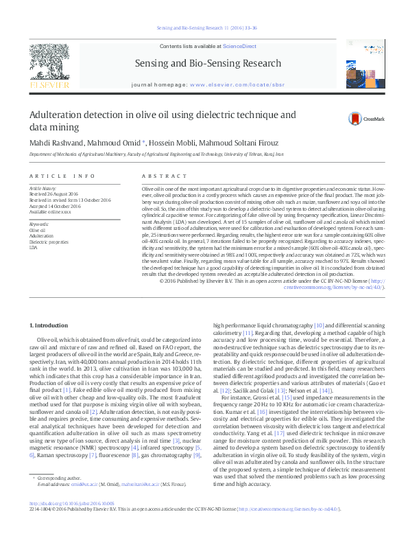 Pdf Adulteration Detection In Olive Oil Using Dielectric Technique And Data Mining