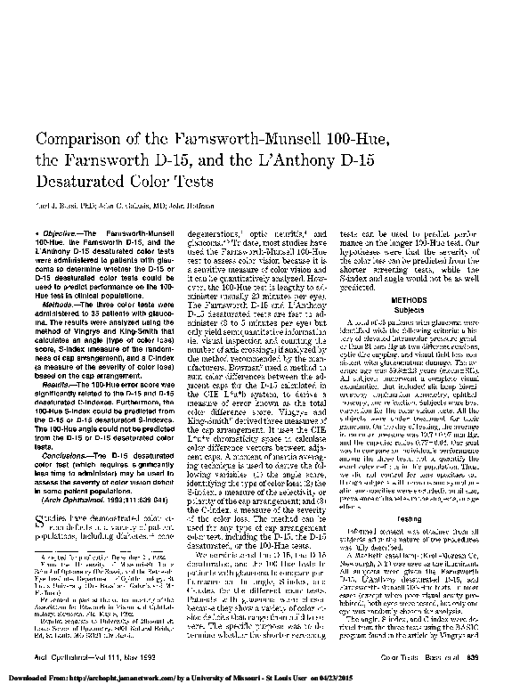 (PDF) Comparison of the Farnsworth-Munsell 100-Hue, the Farnsworth D-15 ...