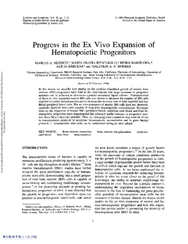 (PDF) Progress in the Ex Vivo Expansion of Hematopoietic Progenitors | R. Namikawa - Academia.edu