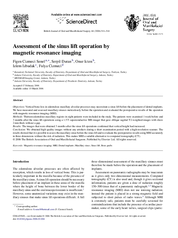 (PDF) Assessment of the sinus lift operation by magnetic resonance ...