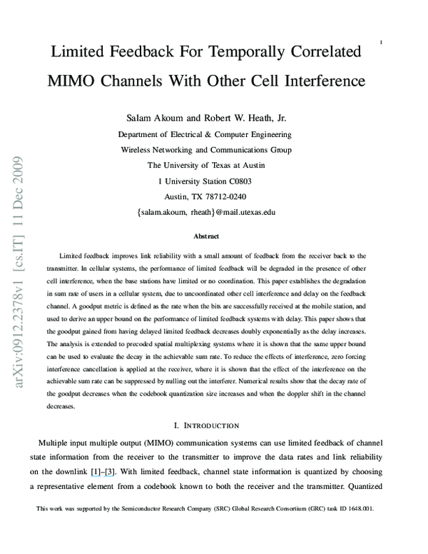 (PDF) Limited Feedback for Temporally Correlated MIMO Channels with ...