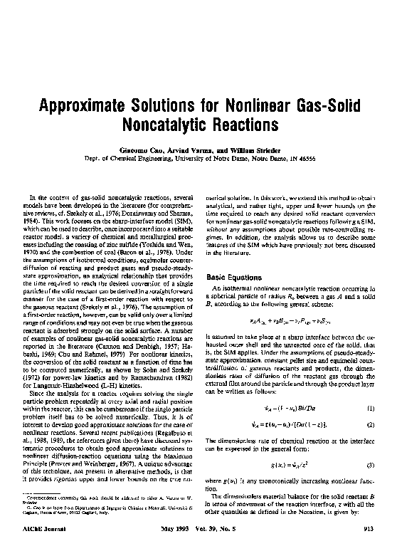 Pdf Approximate Solutions For Nonlinear Gas Solid Noncatalytic Reactions