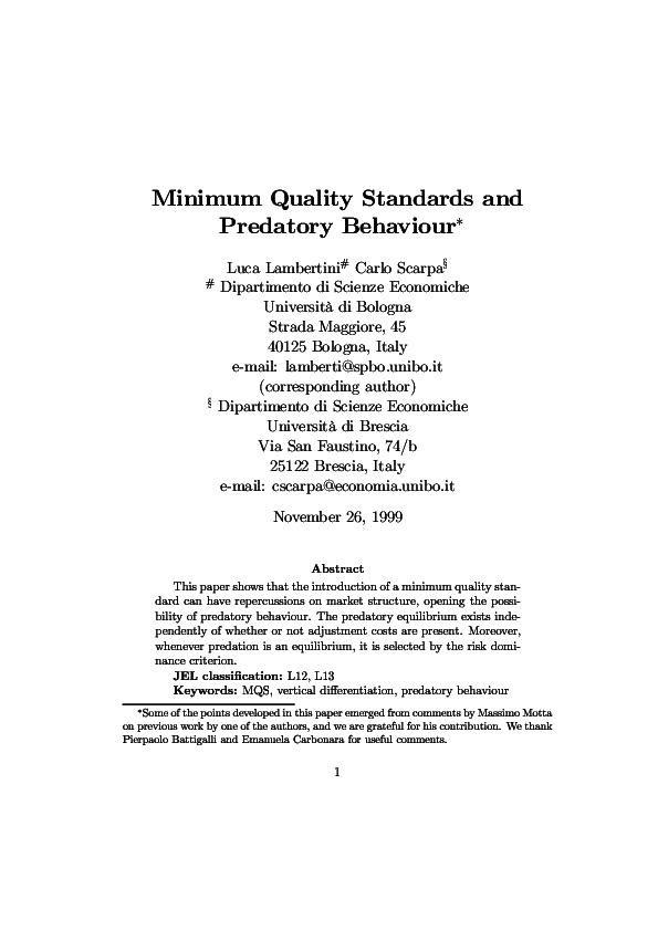 (PDF) Minimum Quality Standards and Predatory Behaviour