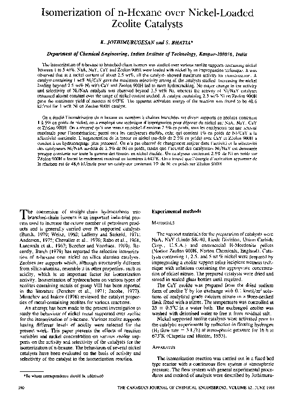(PDF) Isomerization of n-hexane over nickel-loaded zeolite catalysts