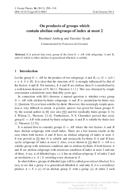 (PDF) On products of groups which contain abelian subgroups of index at most 2