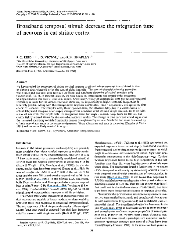(PDF) Broadband temporal stimuli decrease the integration time of neurons in cat striate cortex