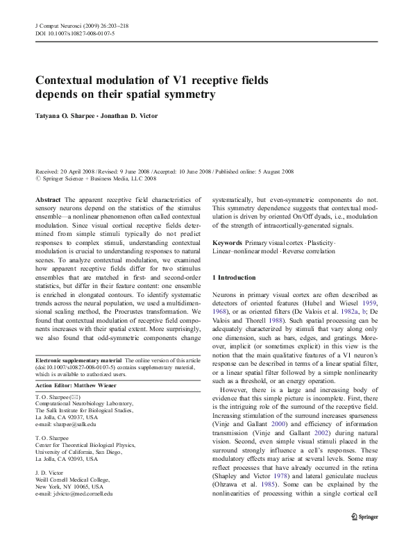 Pdf Contextual Modulation Of V1 Receptive Fields Depends On Their