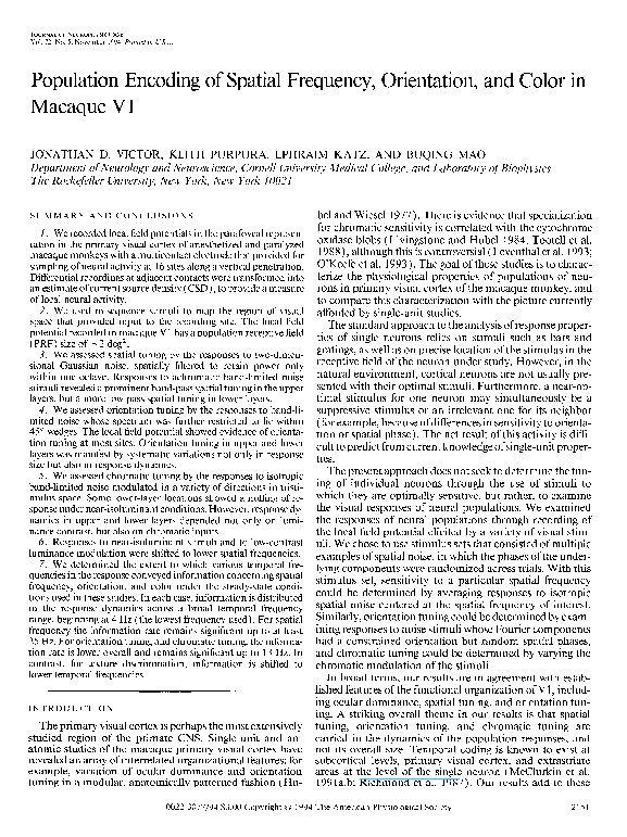 Pdf Population Encoding Of Spatial Frequency Orientation And Color