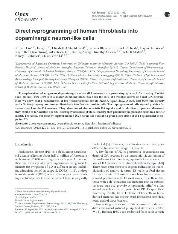 (PDF) Direct reprogramming of human fibroblasts into dopaminergic neuron-like cells
