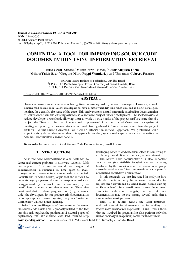(PDF) Comente+: A Tool for Improving Source Code Documentation Using ... (PDF) Comente+: A Tool for Improving Source Code Documentation Using ...