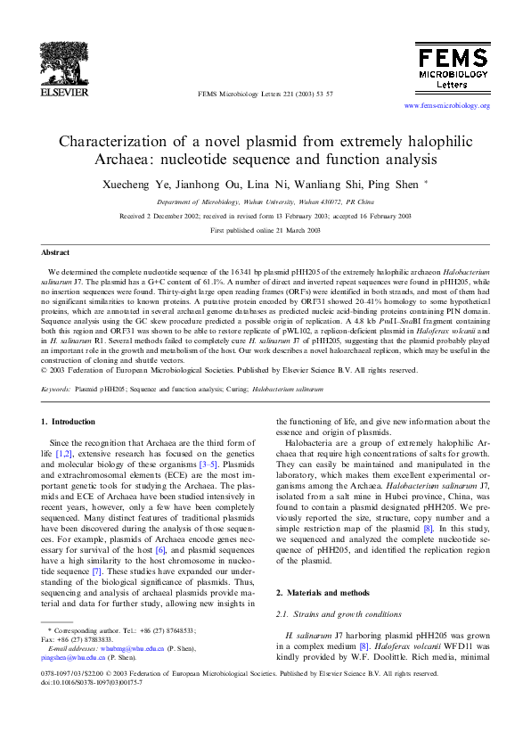 (PDF) Characterization of a novel plasmid from extremely halophilic Archaea: nucleotide sequence ...