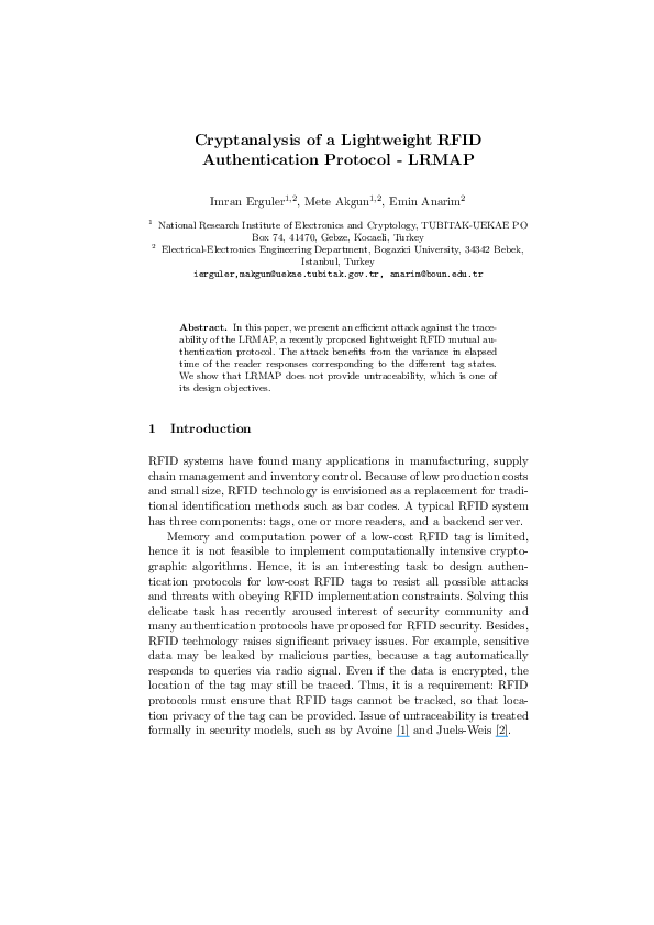 Pdf Cryptanalysis Of A Lightweight Rfid Authentication Protocol Lrmap