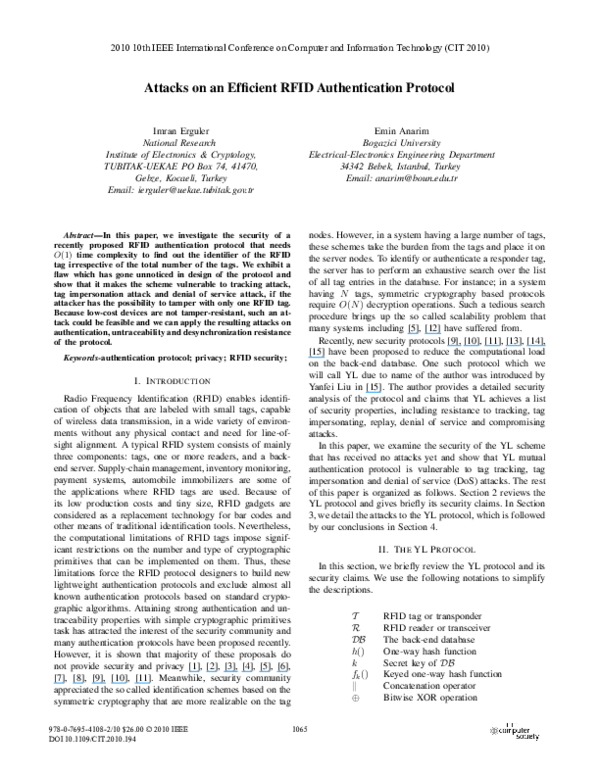Pdf Attacks On An Efficient Rfid Authentication Protocol E Anarim
