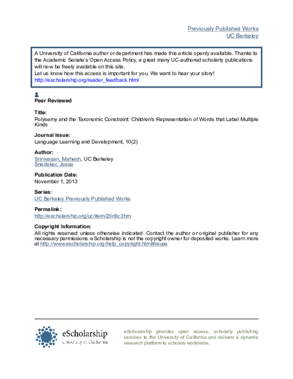 (PDF) Polysemy and the Taxonomic Constraint: Children's Representation ...