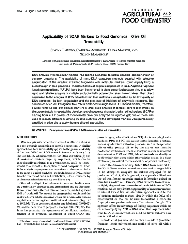 (PDF) Applicability of SCAR Markers to Food Genomics: Olive Oil Traceability