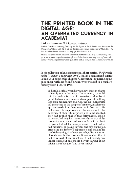 (PDF) The Printed Book in the Digital Age. An Overrated Currency in ...