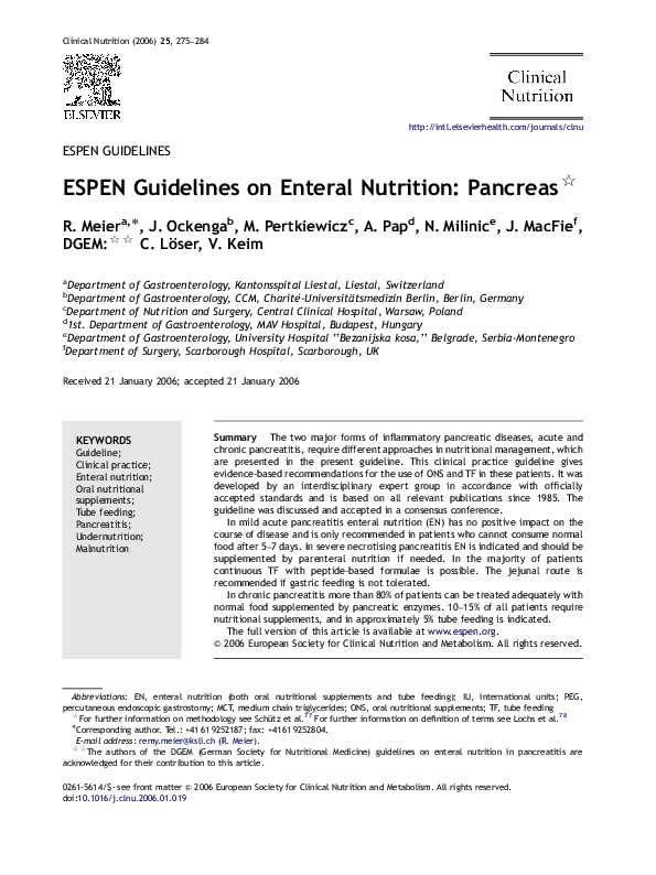 (PDF) ESPEN Guidelines on Enteral Nutrition: Pancreas