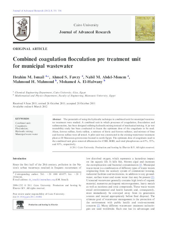 (PDF) Combined coagulation flocculation pre treatment unit for ...