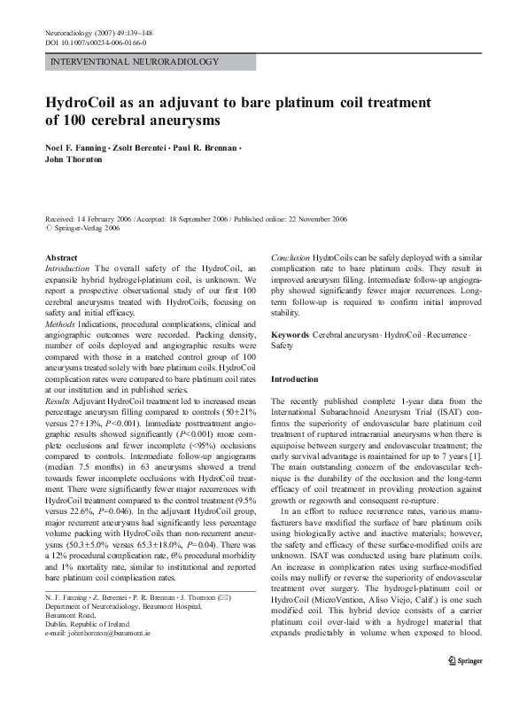 (PDF) HydroCoil as an adjuvant to bare platinum coil treatment of 100 ...