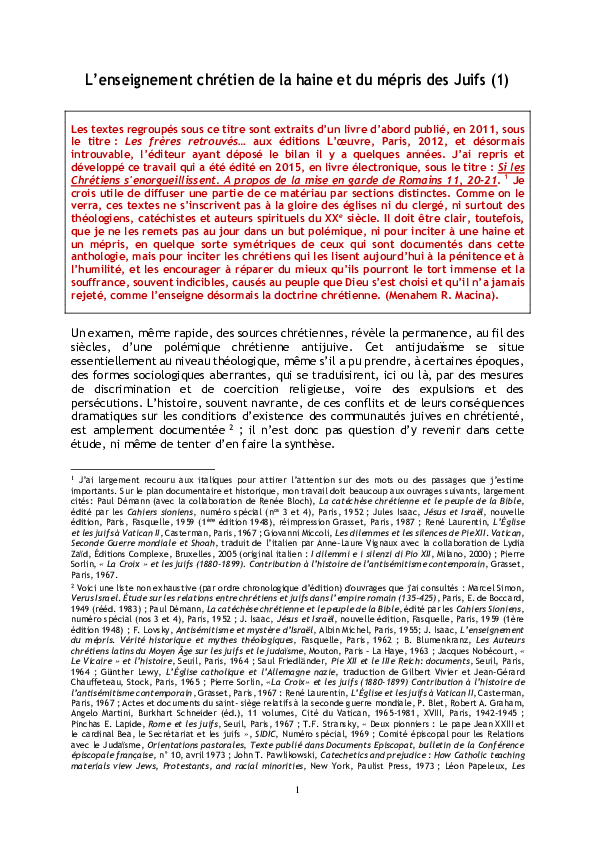 (PDF) L'enseignement chrétien de la haine et du mépris des Juifs ...