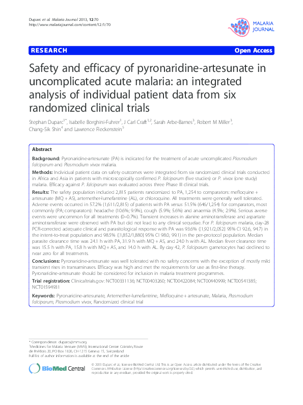 (PDF) Safety and efficacy of pyronaridine-artesunate in uncomplicated ...