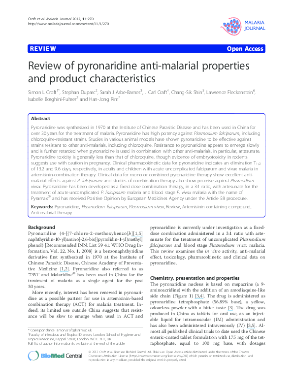 (PDF) Review of pyronaridine anti-malarial properties and product ...