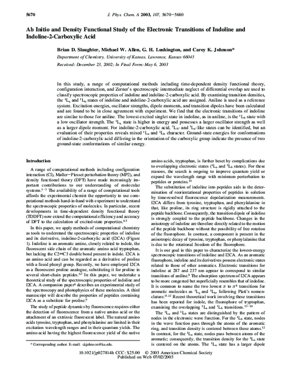 (PDF) Ab Initio and Density Functional Study of the Electronic Transitions of Indoline and ...