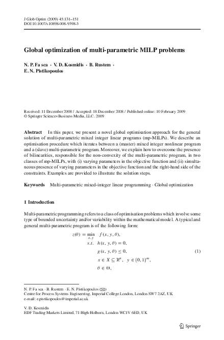 (PDF) Global optimization of multi-parametric MILP problems