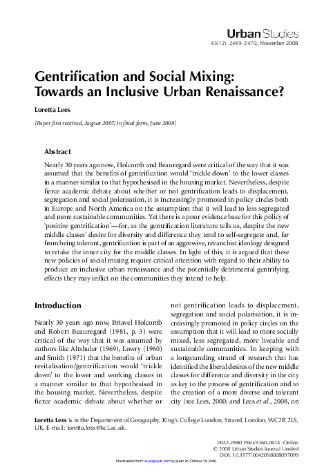 (PDF) Gentrification and Social Mixing: Towards an Inclusive Urban ...