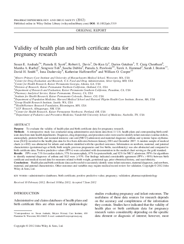 (PDF) Validity of health plan and birth certificate data for pregnancy ...