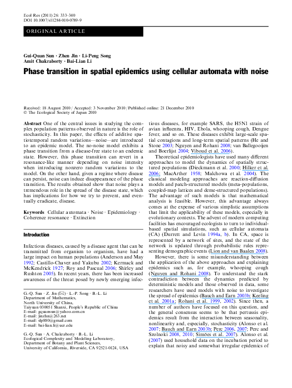(PDF) Phase transition in spatial epidemics using cellular automata with noise