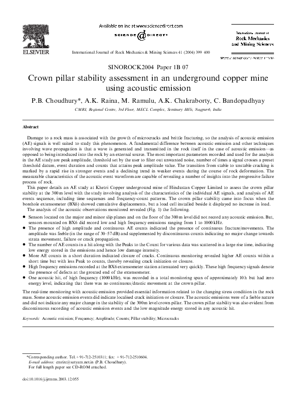 (PDF) Crown pillar stability assessment in an underground copper mine ...