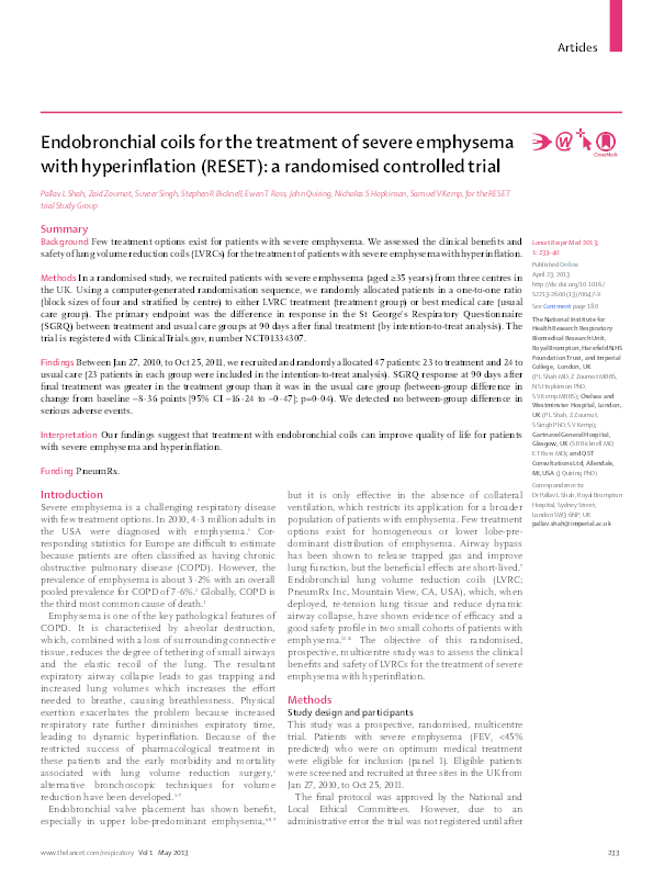 (PDF) Endobronchial coils for the treatment of severe emphysema with ...