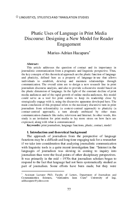 Phatic Uses of Language in Print Media Discourse: Designing a New Model ...