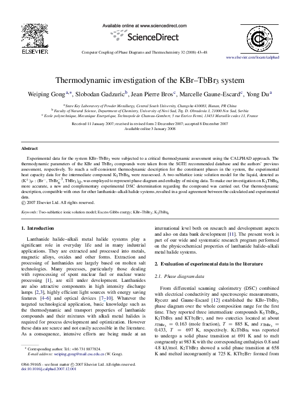 (PDF) Thermodynamic investigation of the KBr–TbBr 3 system