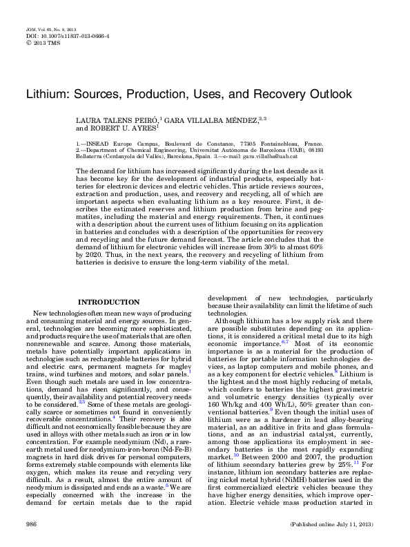 (PDF) Lithium: Sources, Production, Uses, and Recovery Outlook