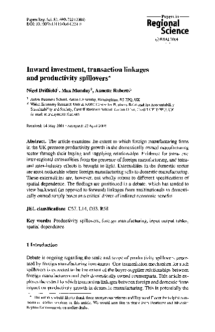 (PDF) Inward investment, transaction linkages and productivity spillovers*