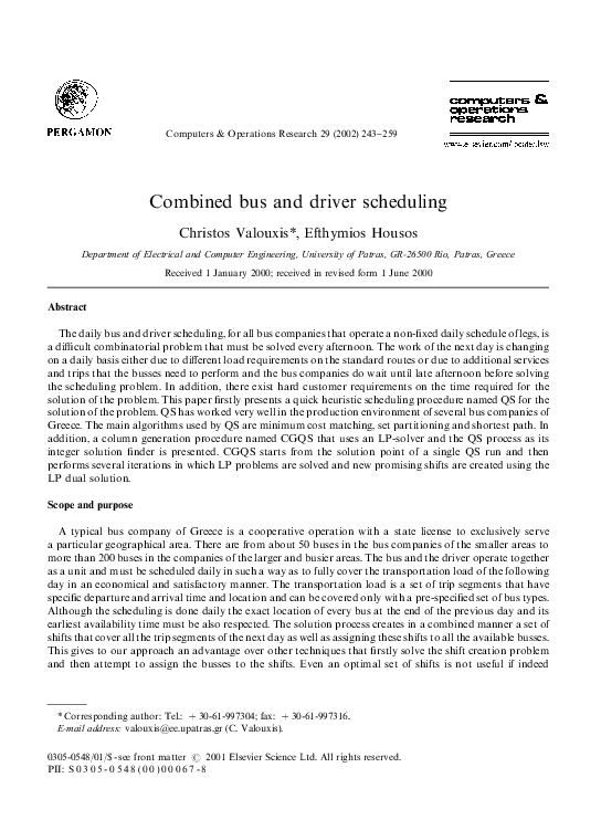 (PDF) Combined bus and driver scheduling