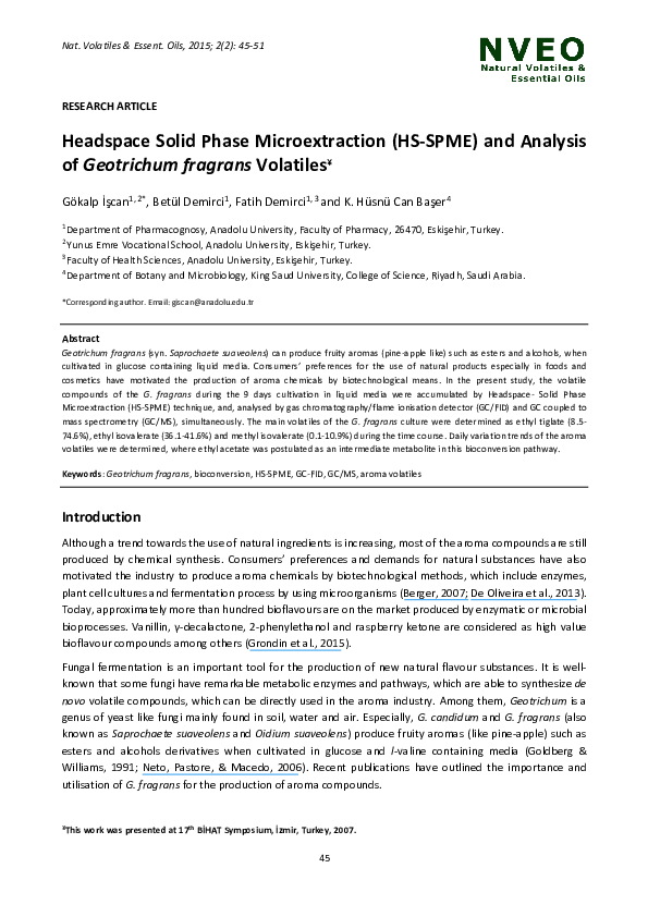 (PDF) Headspace Solid Phase Microextraction (HS-SPME) and Analysis of Geotrichum fragrans Volatiles