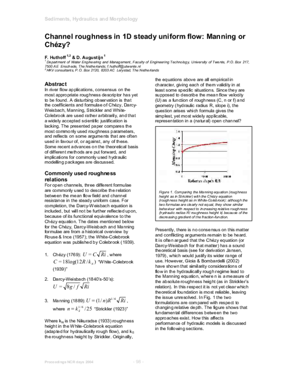 (PDF) Channel roughness in 1D steady uniform flow: Manning or Chézy?