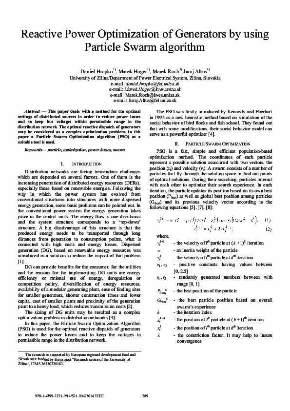 Pdf Reactive Power Optimization Of Generators By Using Particle Swarm Algorithm
