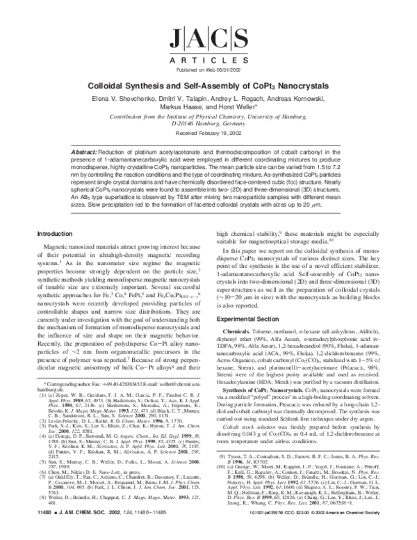 (PDF) Colloidal Synthesis and Self-Assembly of CoPt 3 Nanocrystals