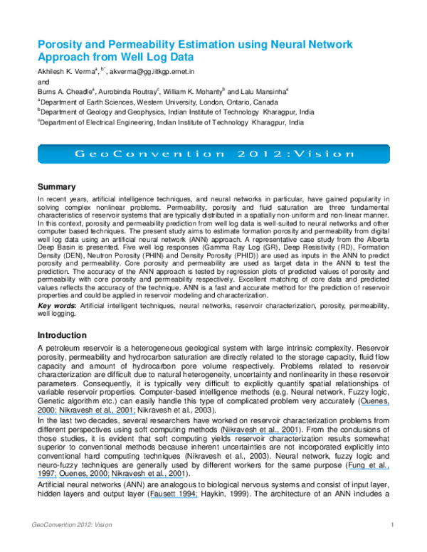Pdf Porosity And Permeability Estimation Using Neural Network Aproach From Well Log Data