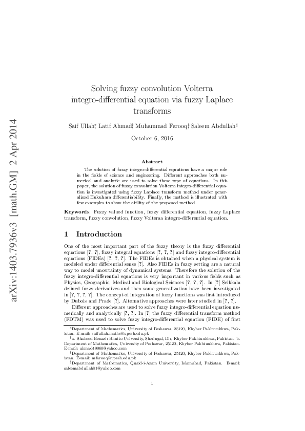 Pdf Solving Fuzzy Convolution Volterra Integro Differential Equation Via Fuzzy Laplace Transforms