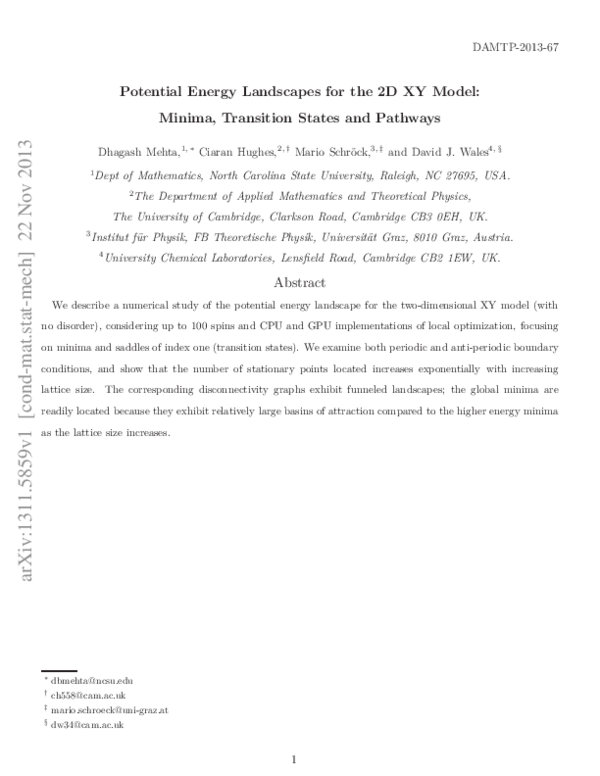 (PDF) Potential energy landscapes for the 2D XY model: Minima ...