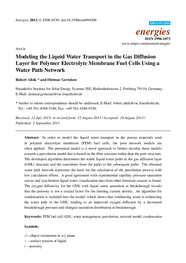 (PDF) Modeling the Liquid Water Transport in the Gas Diffusion Layer for Polymer Electrolyte ...
