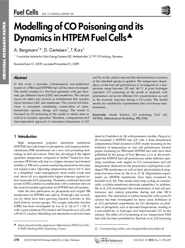 (PDF) Modelling of CO Poisoning and its Dynamics in HTPEM Fuel Cells