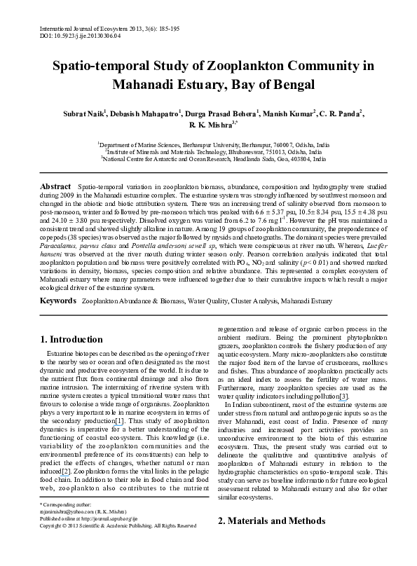 (PDF) Spatio-temporal Study of Zooplankton Community in Mahanadi Estuary, Bay of Bengal